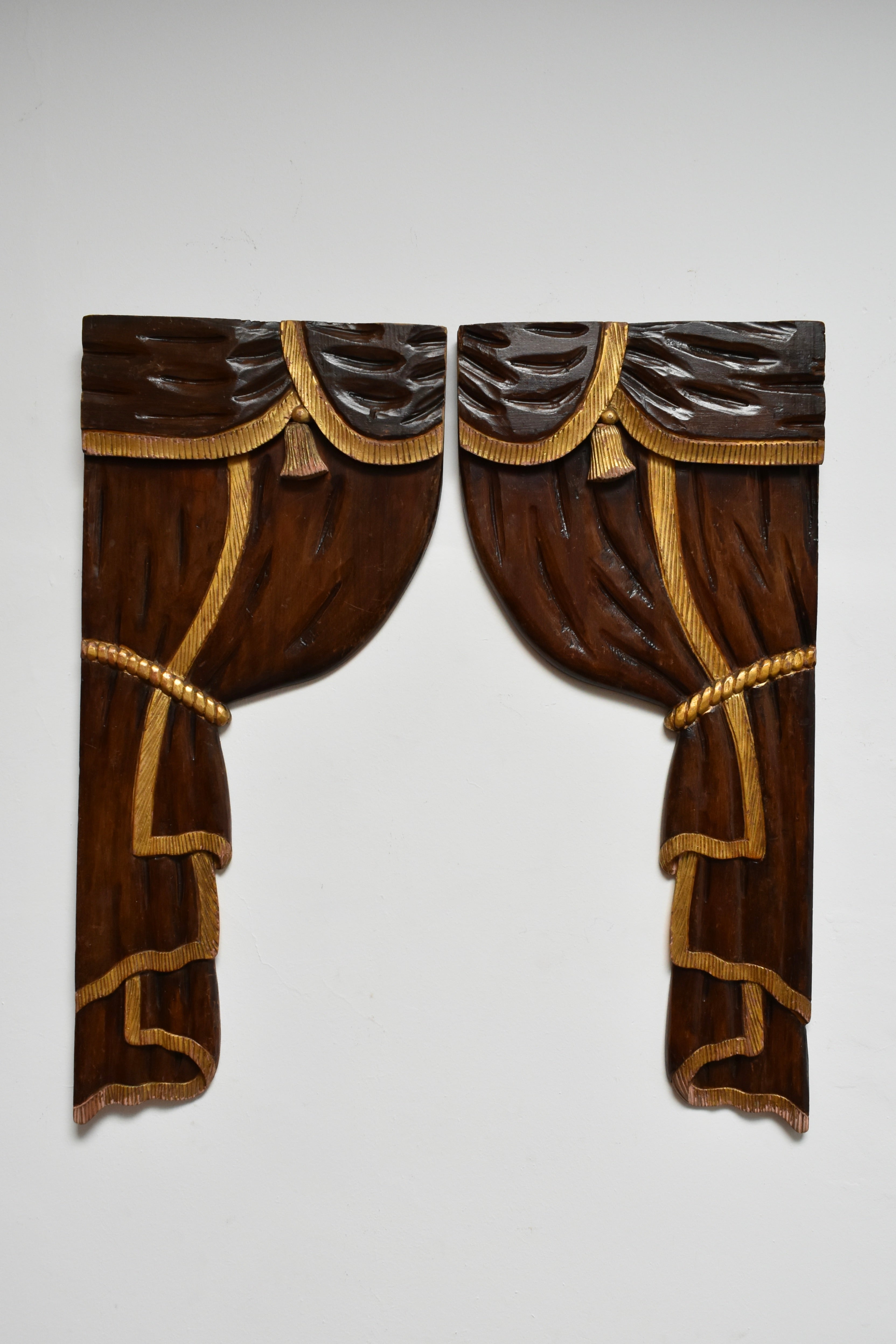 Pair of low relief wooden sculptered and gilded curtains, 1920s ...